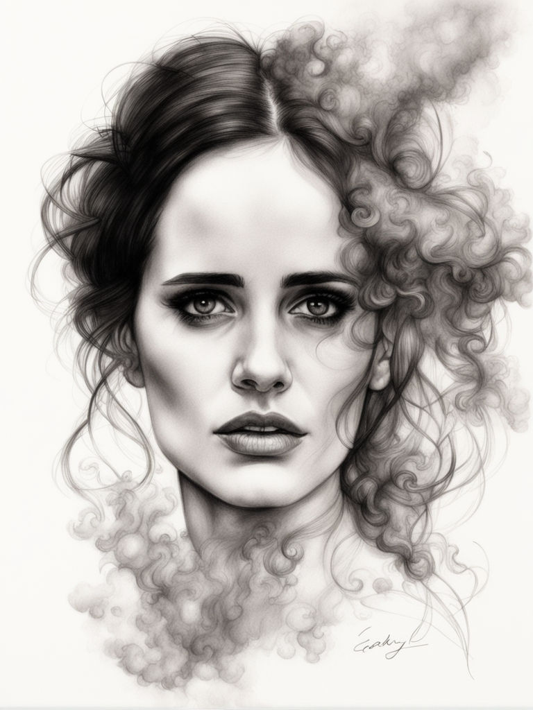 Eva Green portrait drawing with fading smoke creating a lady... by Al ...
