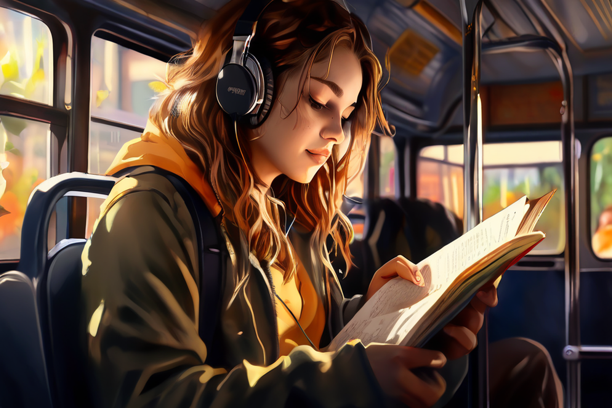 Student reading book inside a school bus by Kevin Sudayuworn - Playground