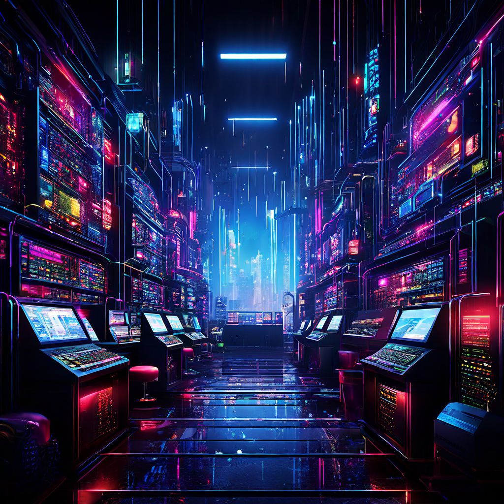 An immersive illustration of a computer room vast and meticu... by Demo ...