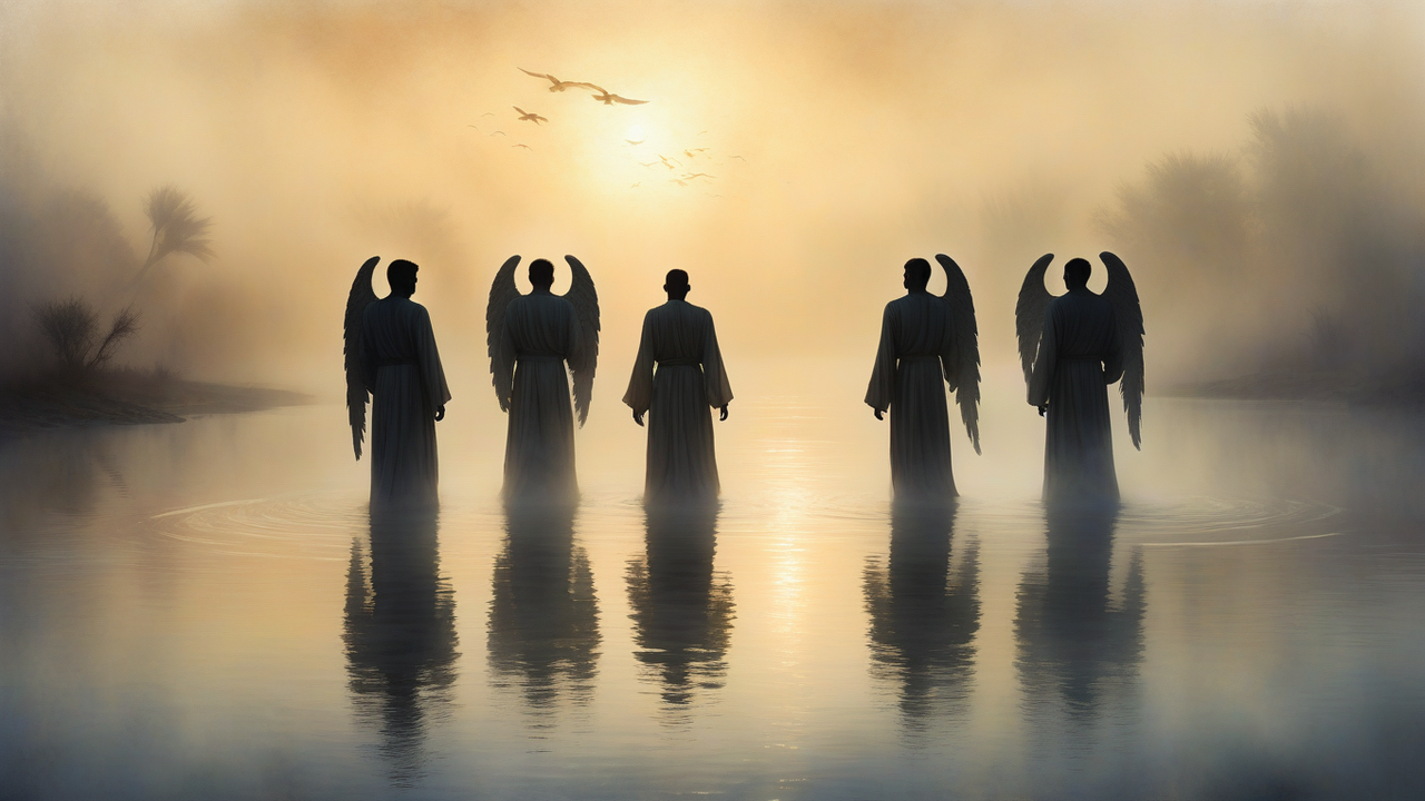 Four male angels rising from the misty Euphrates River at da... by ...