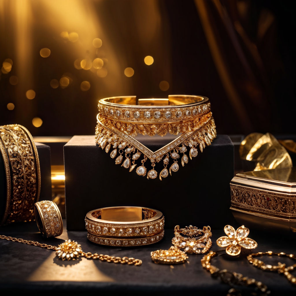 An exquisite collection of gold jewelry laid out against a v... by ...