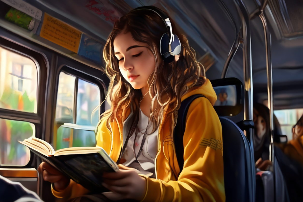 Student reading book inside a school bus by Kevin Sudayuworn - Playground