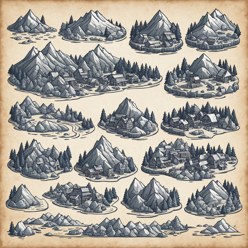 Asset sprite sheet of map icons such as trees mountains Clif... by ...