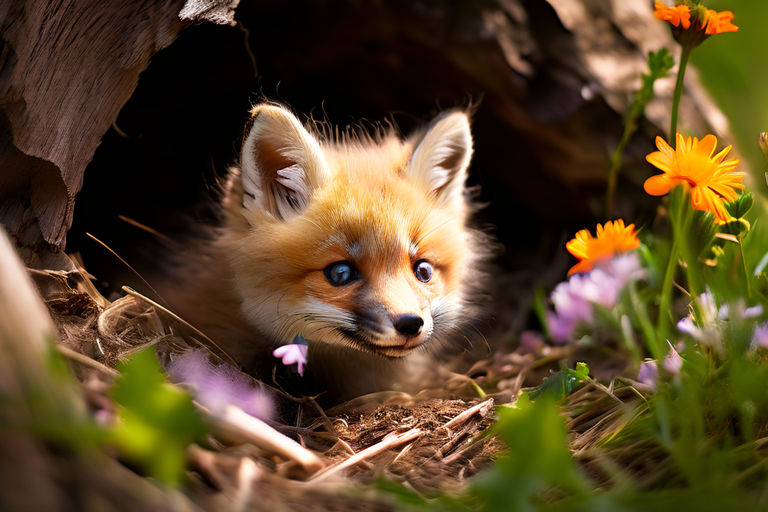 A close-up of a fluffy fox kit emerging from its den for the... by ...