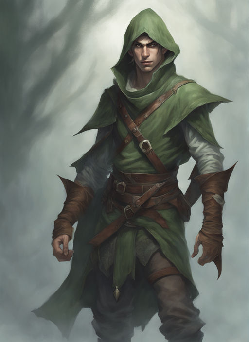 A male half-elf rogue poses shyly in the fog by King Gegg - Playground