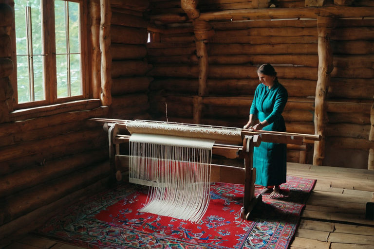 A Russian woman weaves a carpet on a loom by Lyudmila Shaf - Playground