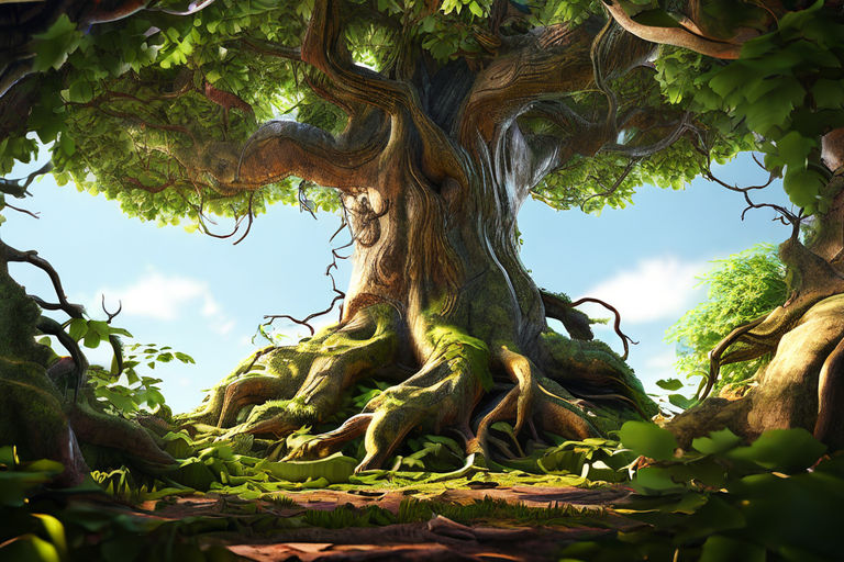 Create a 3d animated image of an old big tree with lots of v... by ...