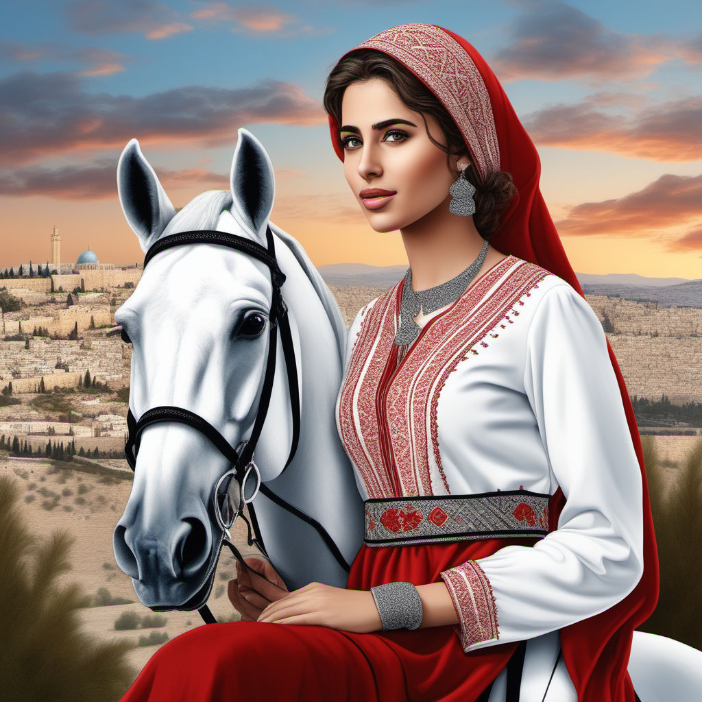 Portrait of a young Palestinian woman wearing the traditiona... by The ...