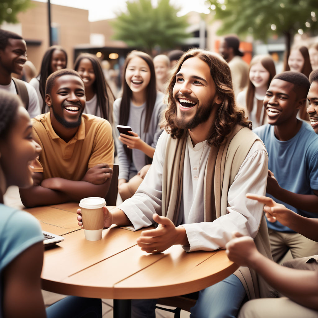 Jesus Christ engaging in lively conversation with modern Chr... by ...