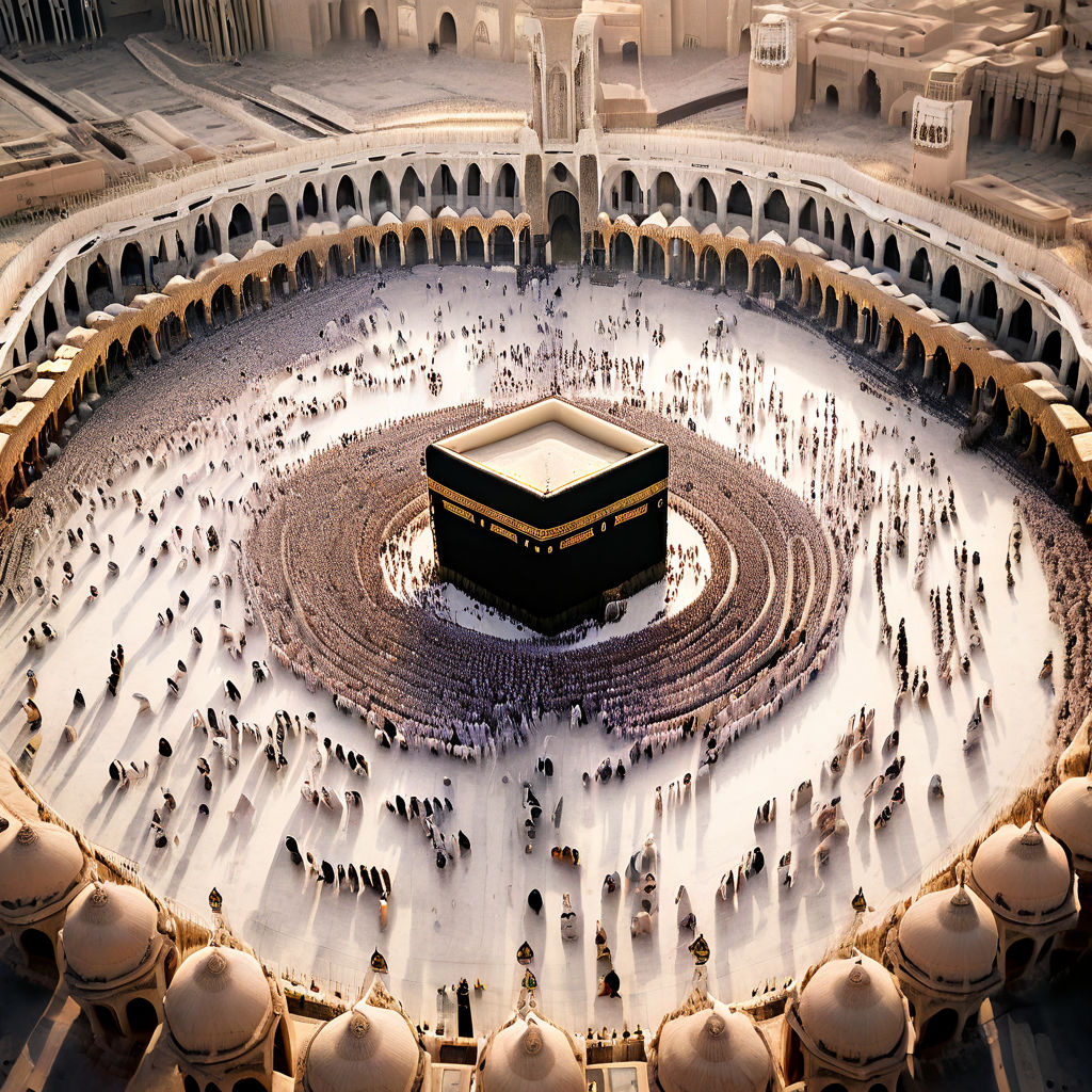 An aerial view of the Kaaba surrounded by pilgrims during Ha... by ...