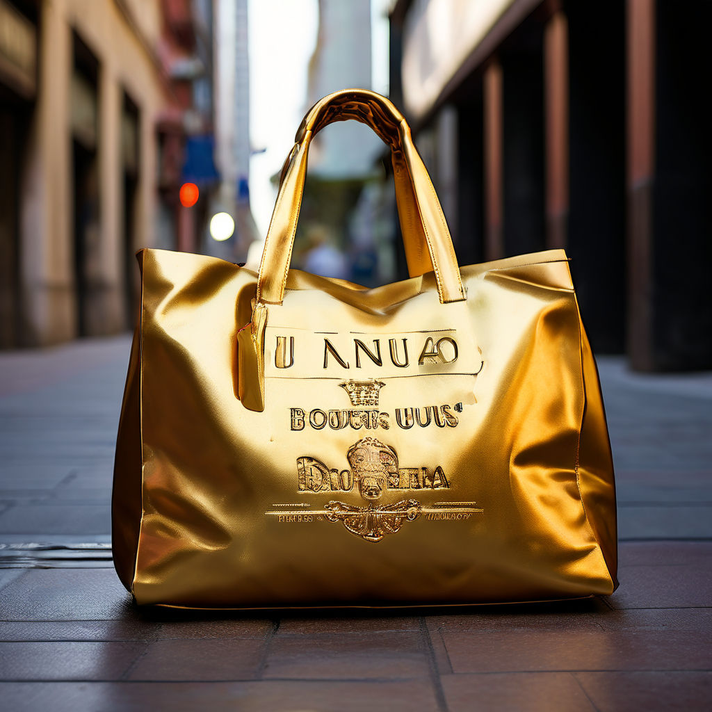 Una bolsa resplandeciente con oro y un cartel en el que pong... by ...