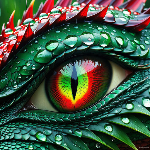 A muscular green and red dragon eye with rain droplets and s... by ...