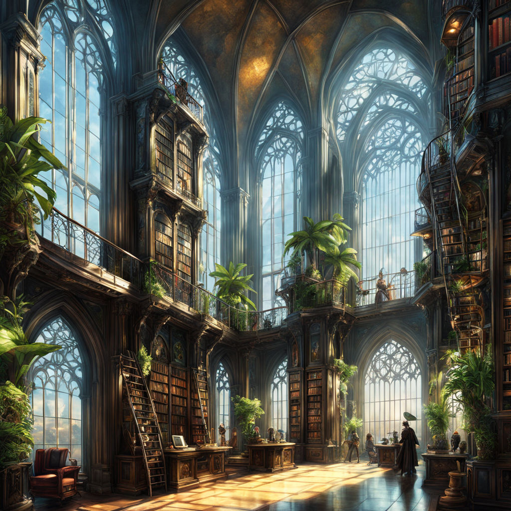 Library in a fantasy tower with plants and cathedral windows... by ...