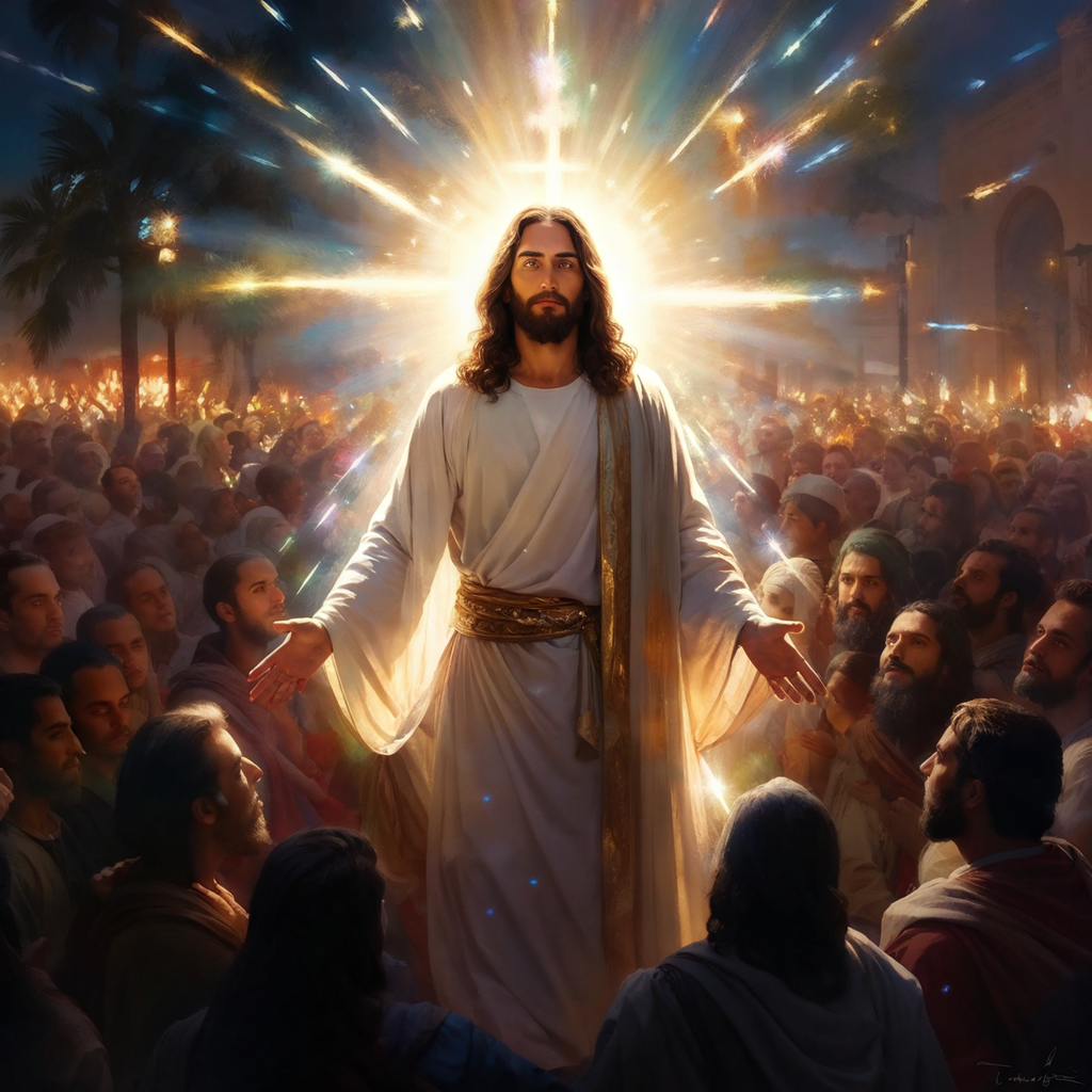 Jesus Christ with divine lights around him in middle of a cr... by JB ...