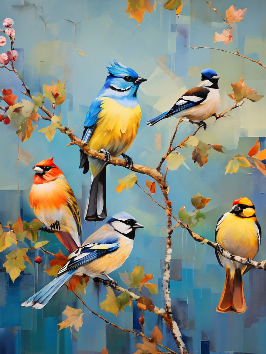 5 birds on a tree branch by 柯东 - Playground