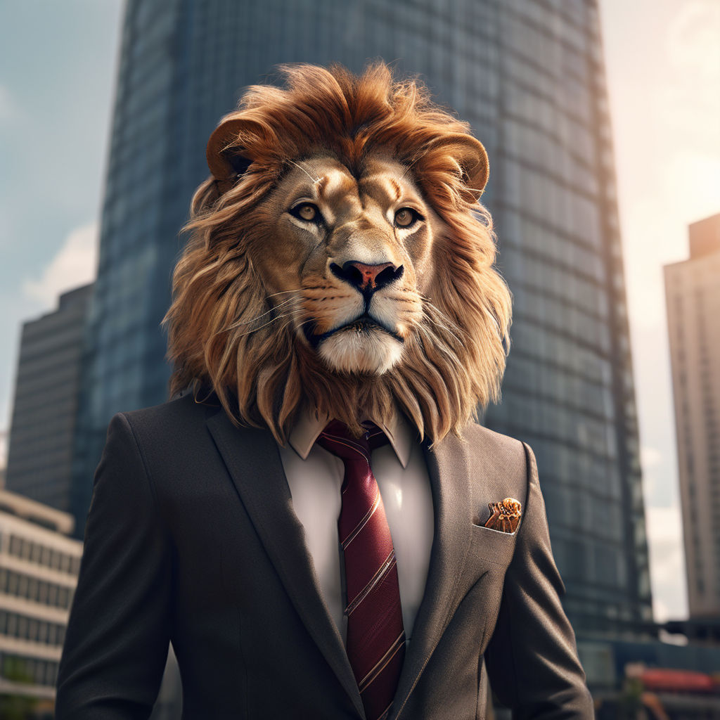 A beautiful Lion as a reporter in front of a skyscraper by Daniel S ...
