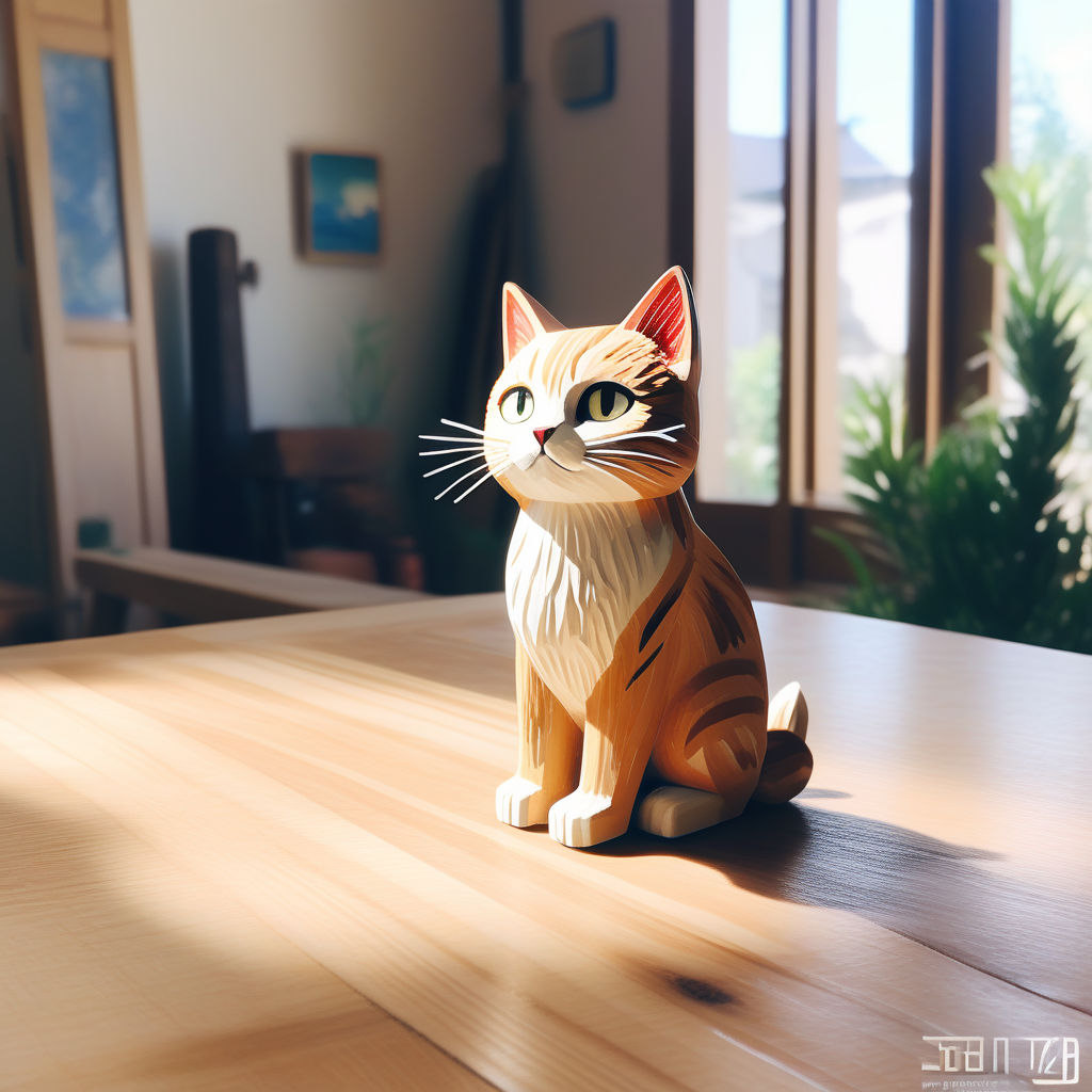 A tiny wooden carved cat figurine on a wooden table indoors by ...