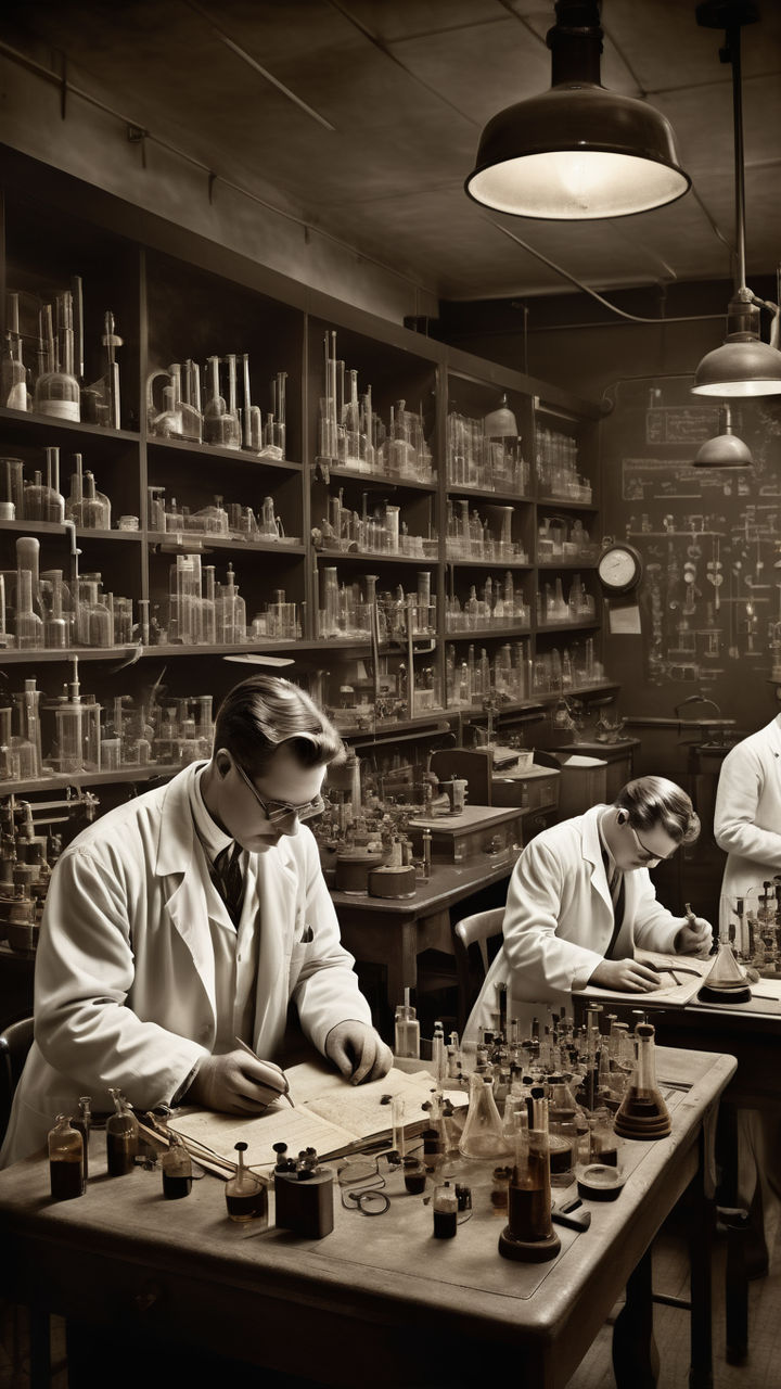 1940s laboratory bustling with scientists clad in white lab ... by ...