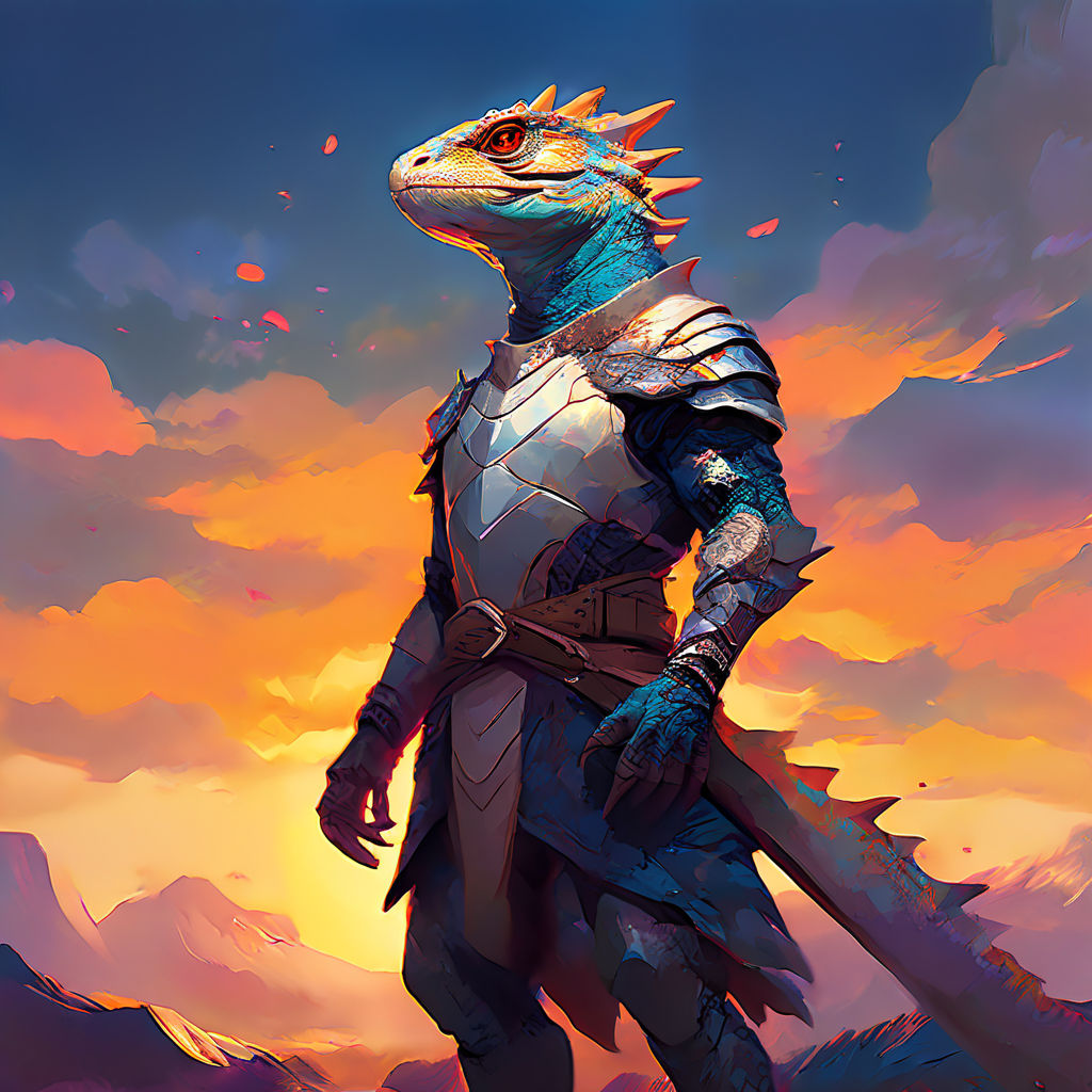 Medieval lizard knight stands valiantly in a dynamic pose by mirac ...