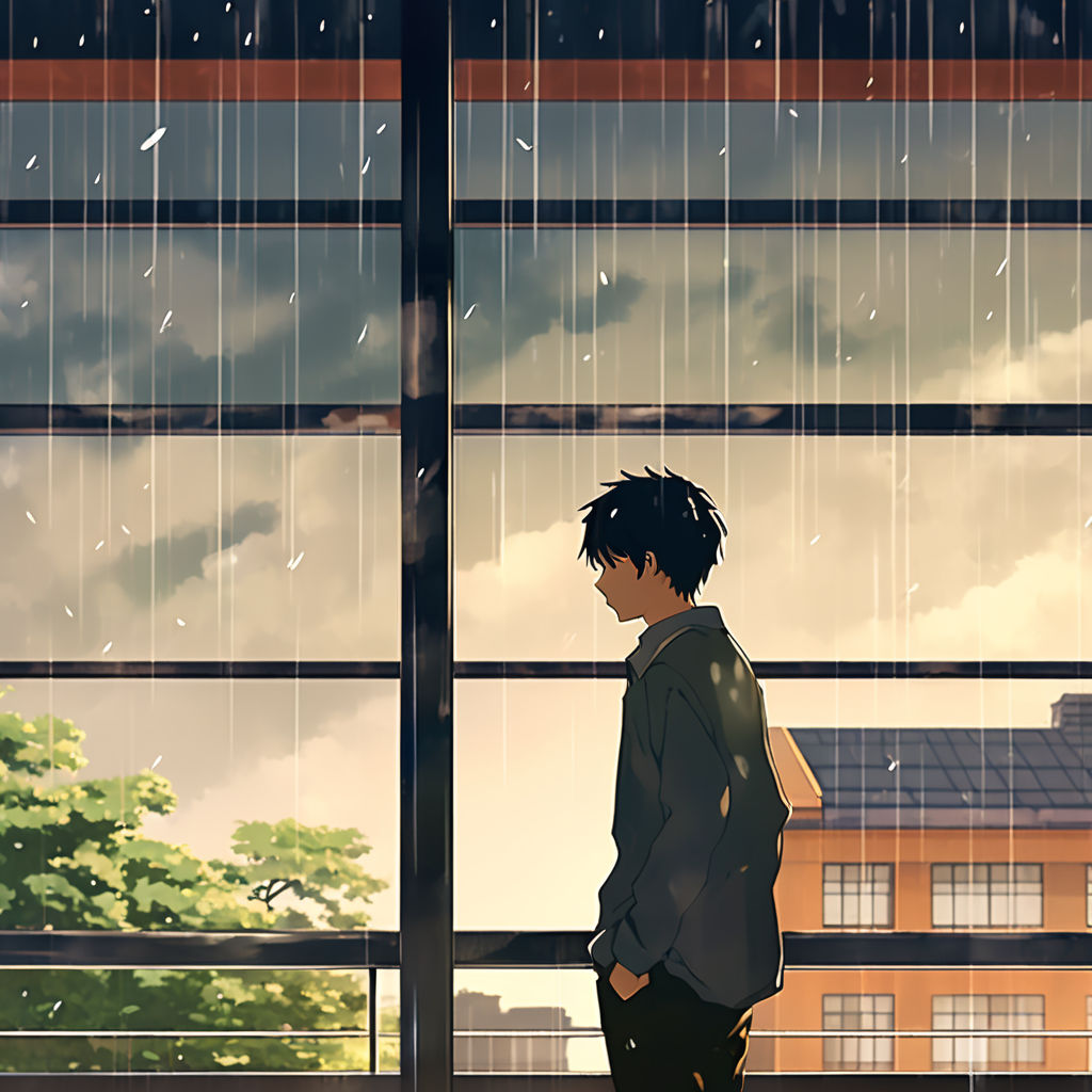 Generate an image of a melancholic anime boy standing by a s... by Aman ...