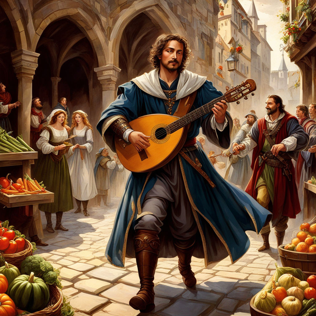 A bard playing the lute is being booed by the public who are... by ...