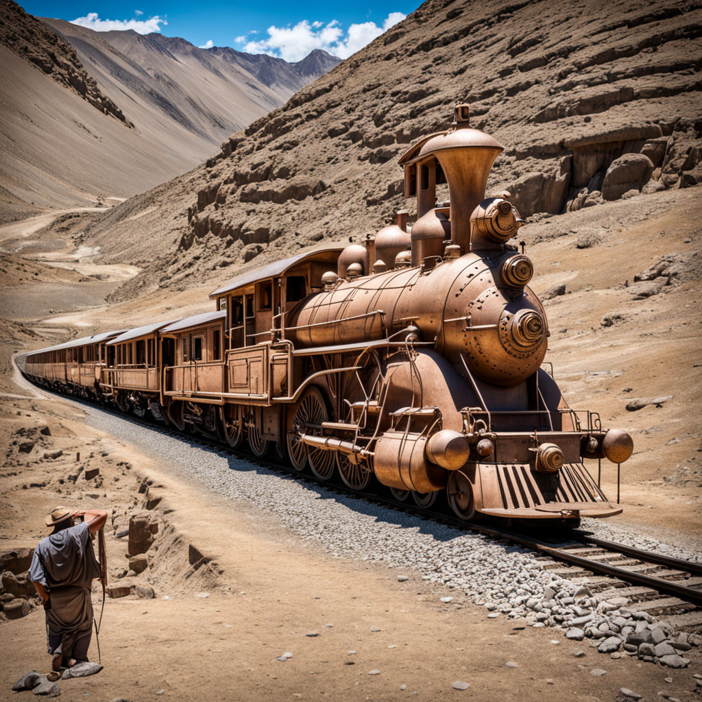 A huge magnificent train is in on the railroad in ancient Pe... by ...