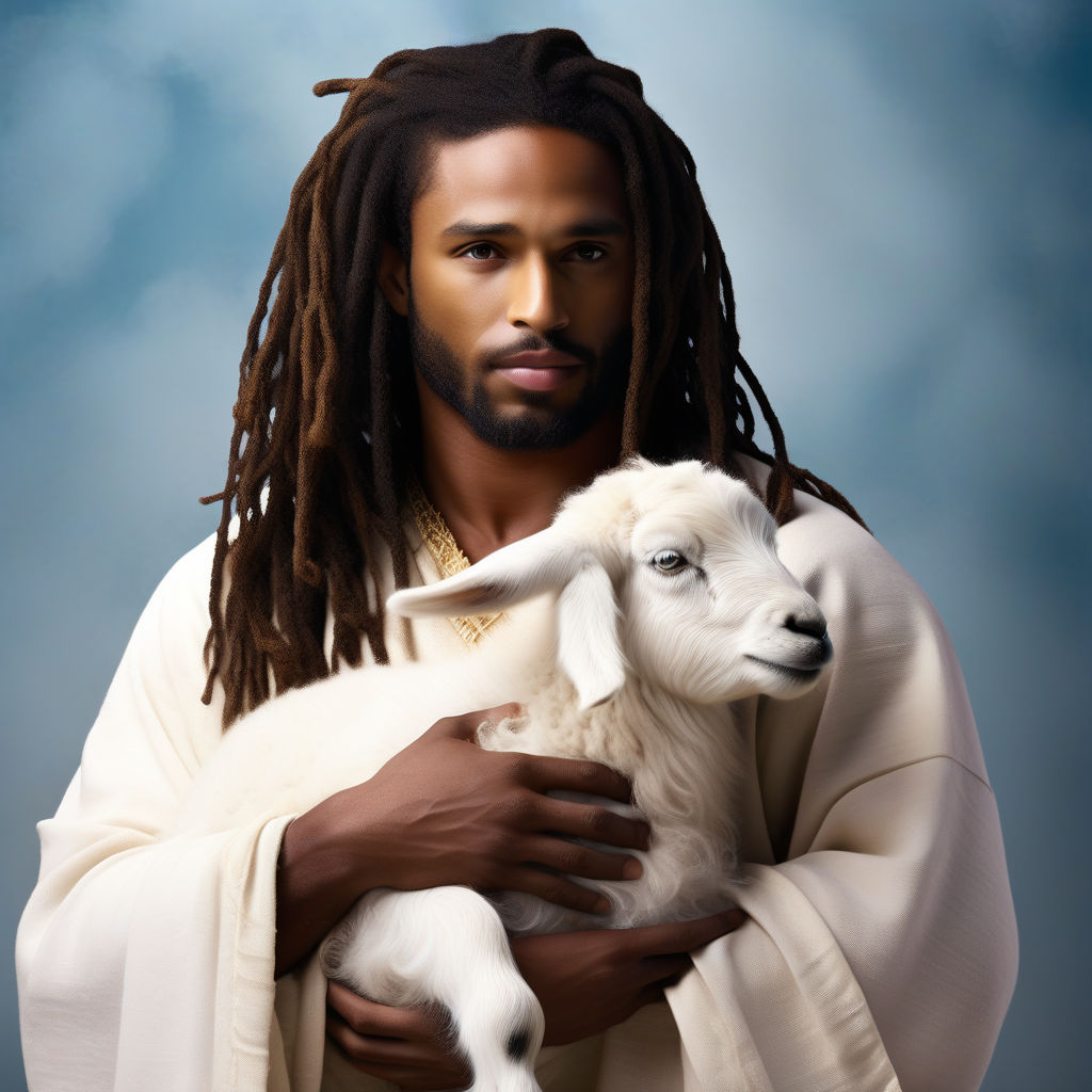 Black Jesus with long dreadlocks holding a lamb by Don Ngari - Playground