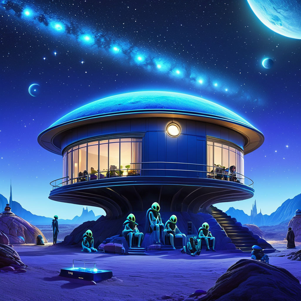 Alien Abode and Aliens sitting on the roof of the building a... by AI ...