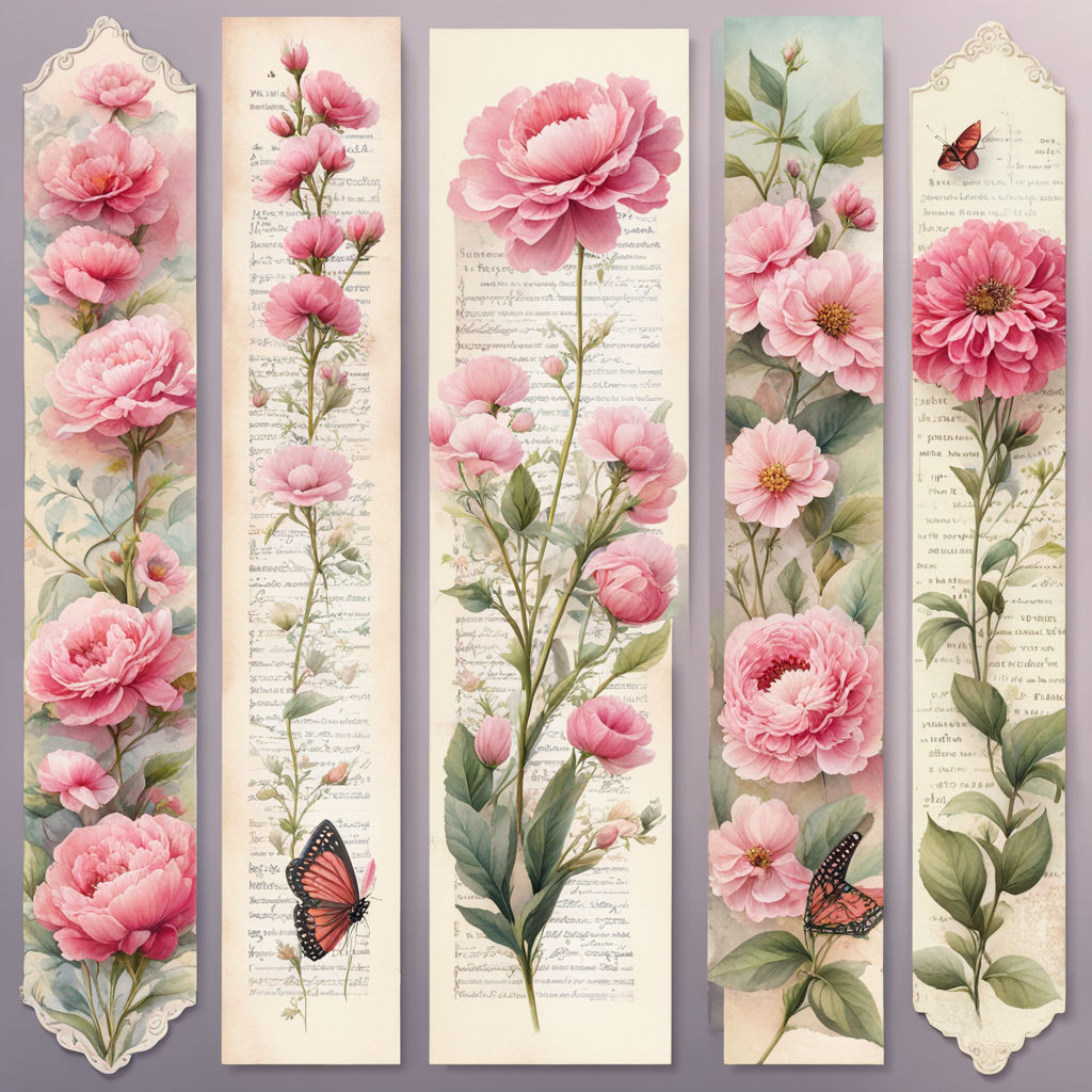 A selection of vintage type bookmarks with pink flowers in a... by ...
