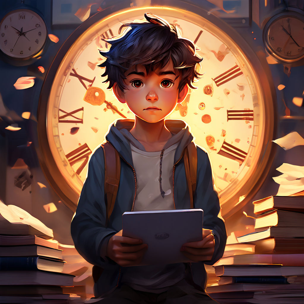 An image of the boy looking at a clock with a determined exp... by ...