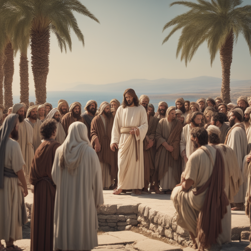 Jesus Christ with his disciples preaching to a crowd near Ca... by ...