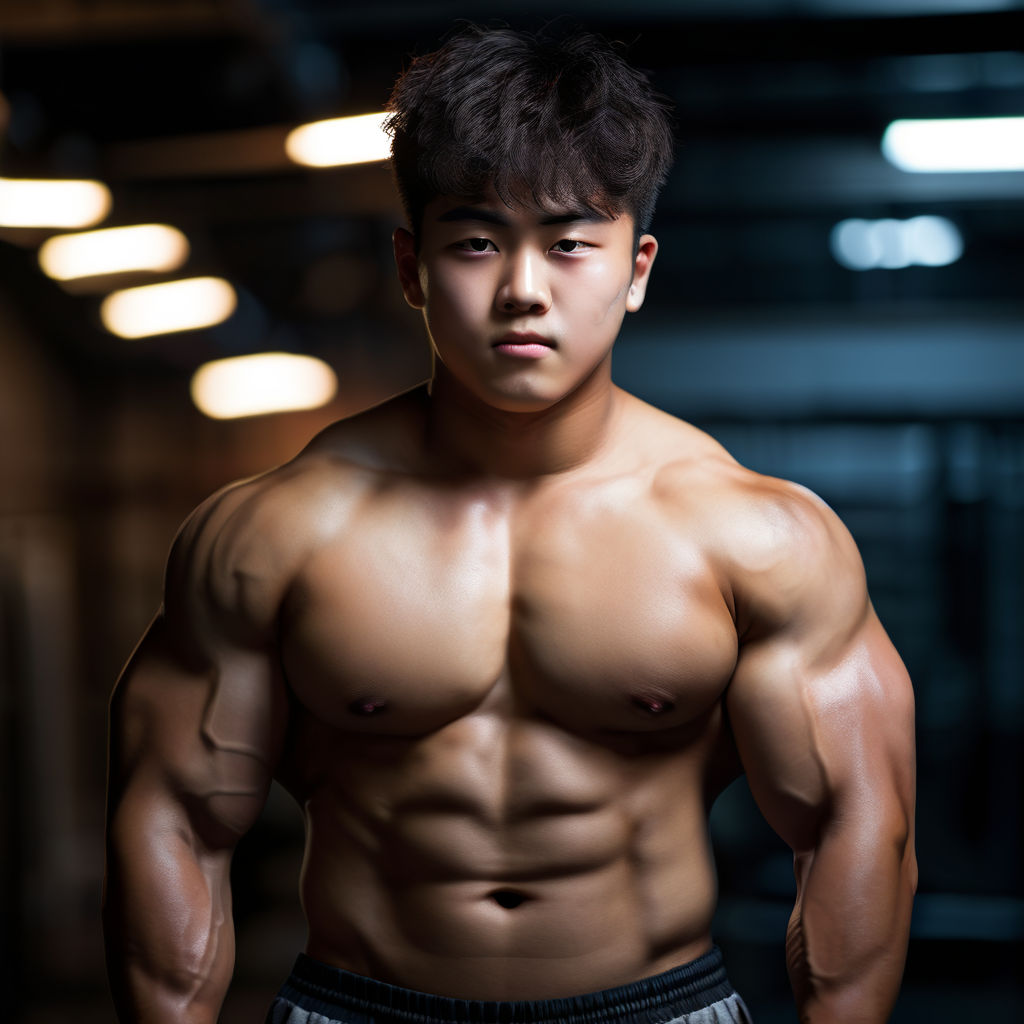 Korean teen chubby powerlifter flexing by Sebastian - Playground