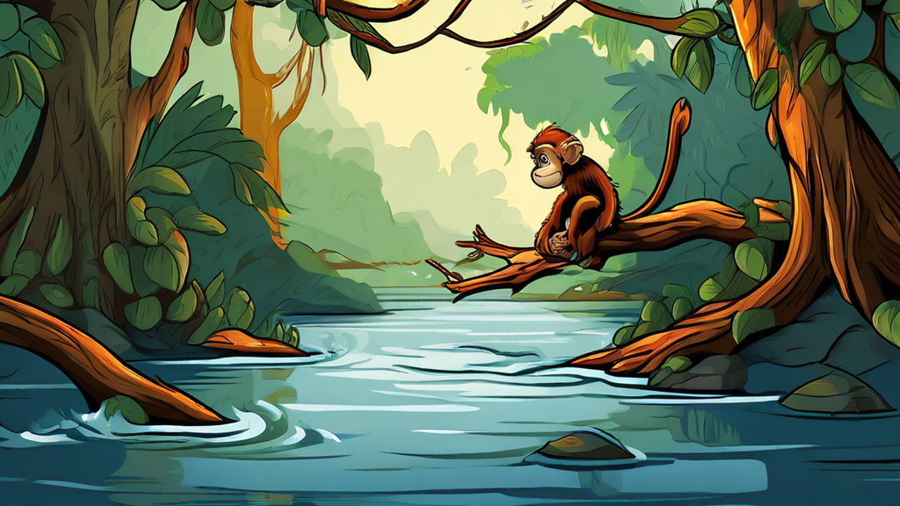 The monkey trying to cross the river through branches of tre... by ...