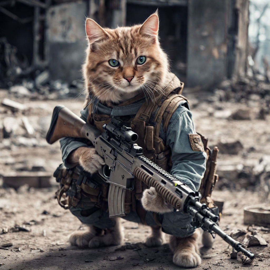 A cute cat with a rifle in a post-apocalyptic scenario by ...