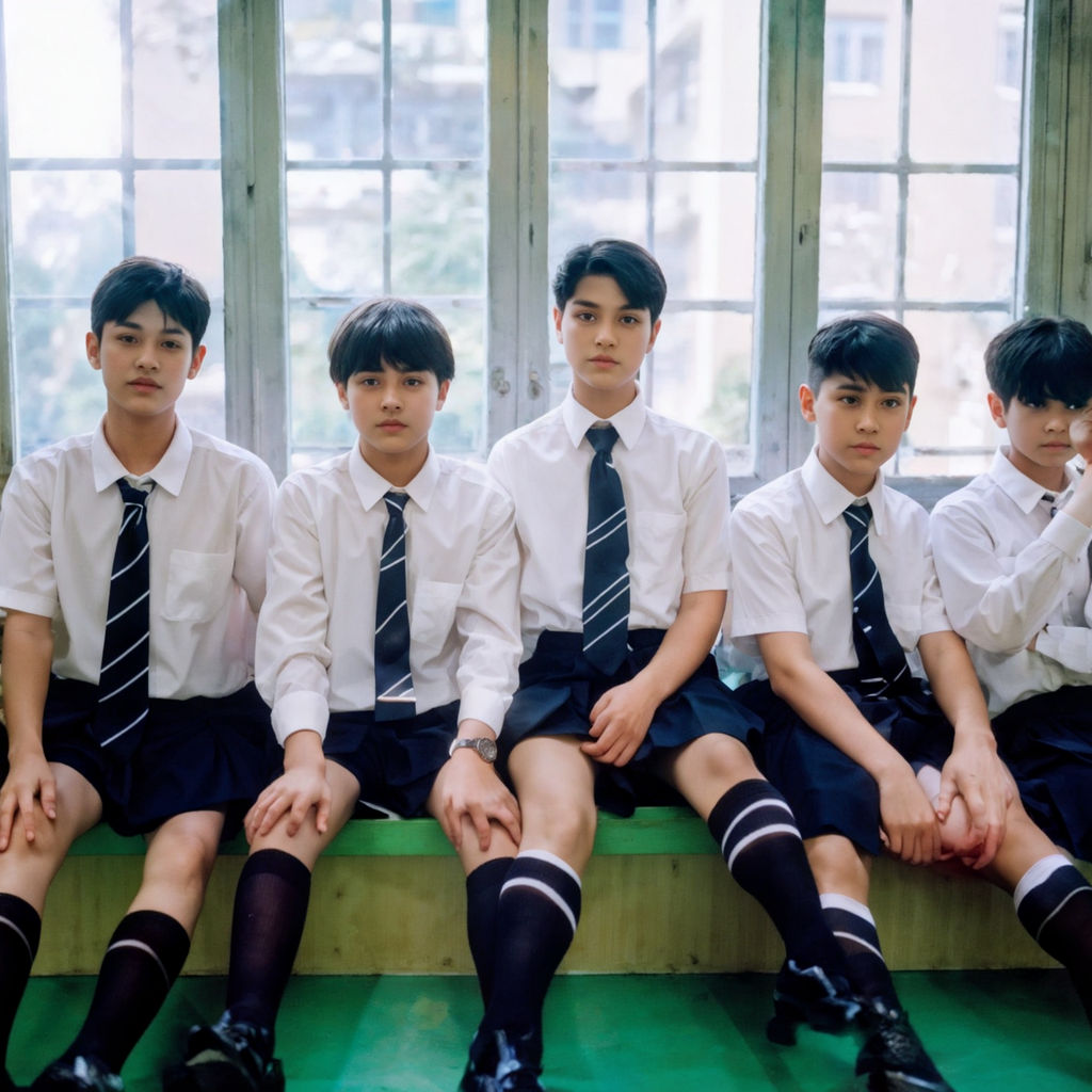 Boys in a classroom wearing uniforms with sheer pantyhose by Dale ...