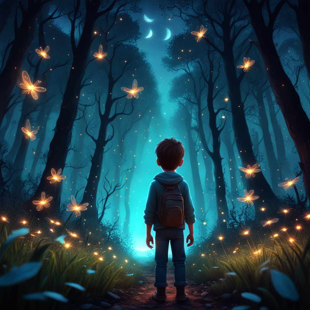 Imaginative boy enchanted by magical forest with glowing fir... by ...