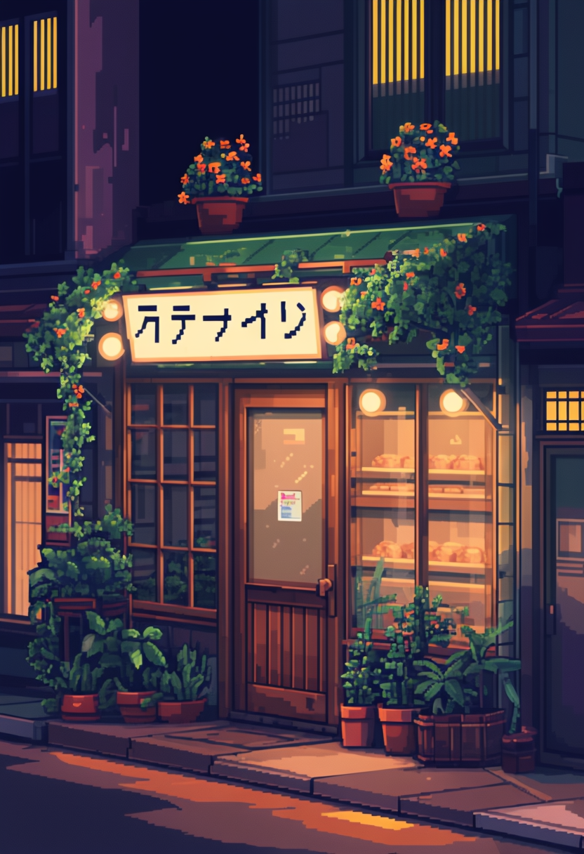 The illustration depicts a cozy storefront at night in a pix... by João ...