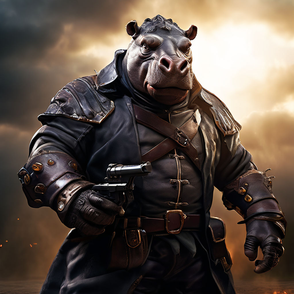 A Dark Fantasy Hippo Gunslinger wearing a leather armor. In ... by ...
