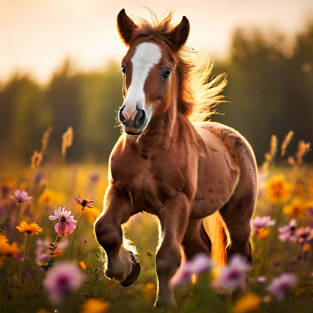 Cute horse rearing in a field full of flowers standing on tw... by Isla ...
