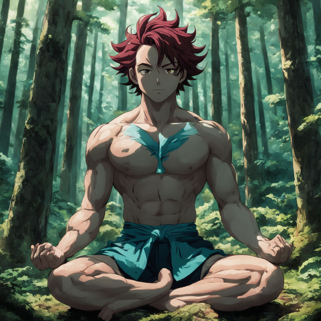 Kamado tanjiro showing abs and muscles in a forest while med... by ...