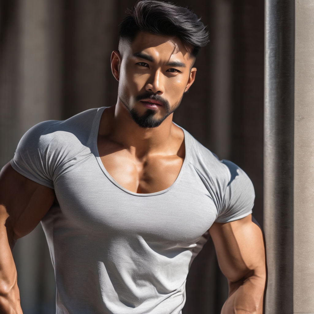 A handsome and serious Asian male face with strong muscles by Jill ...