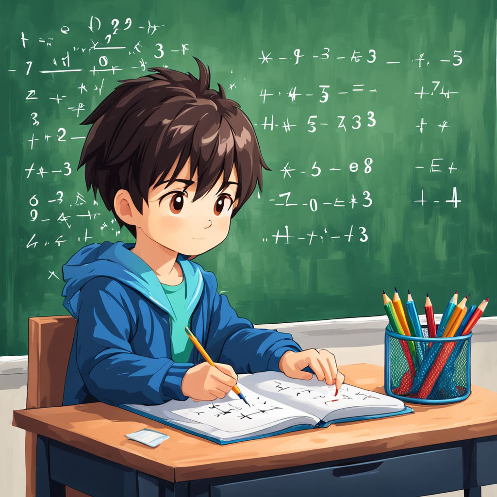 Niño alegre resolviendo ejercisios de matematica mientras im... by ...