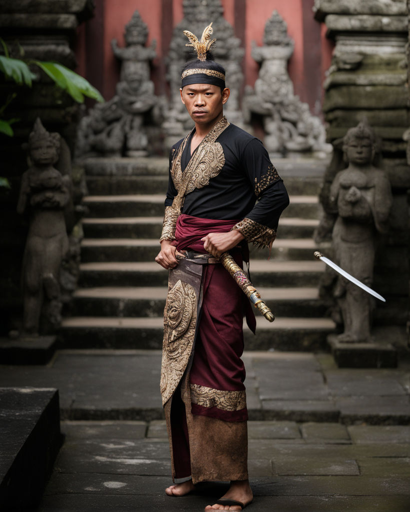 A man wearing a traditional Balinese outfit stands in front ... by Tuty ...