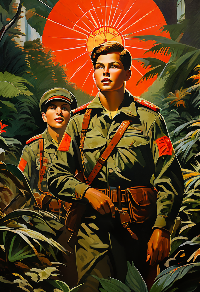 Soviet propaganda art style painting with scouts navigating ... by V ...