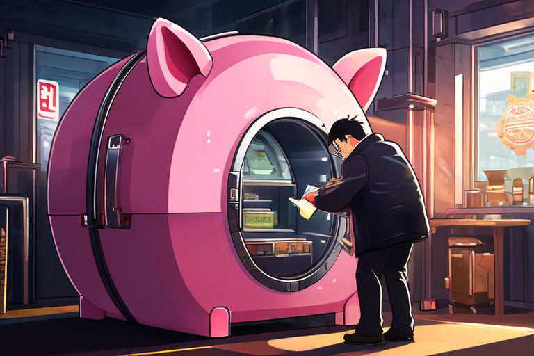 A man keeping money inside a pig-shaped safe in anime style by Anderson ...