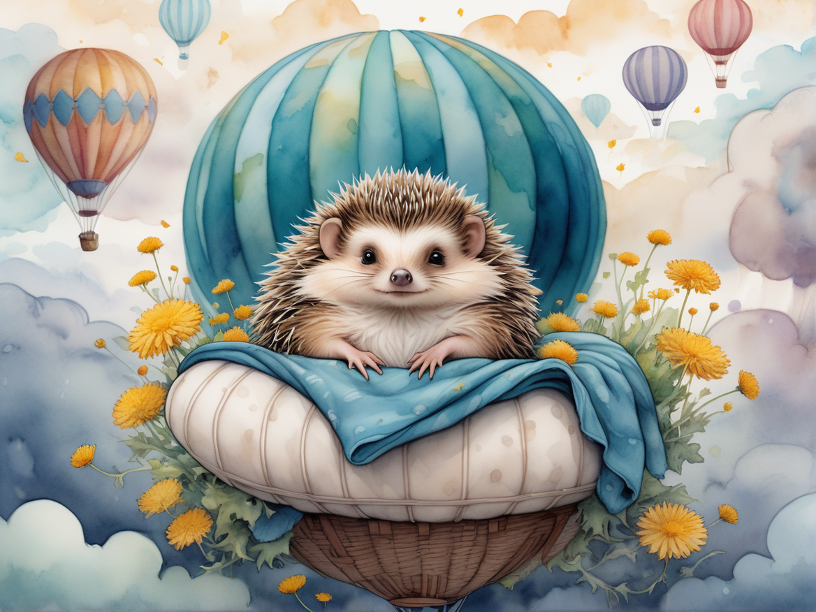 Whimsical watercolor illustration featuring an endearing hed... by ...