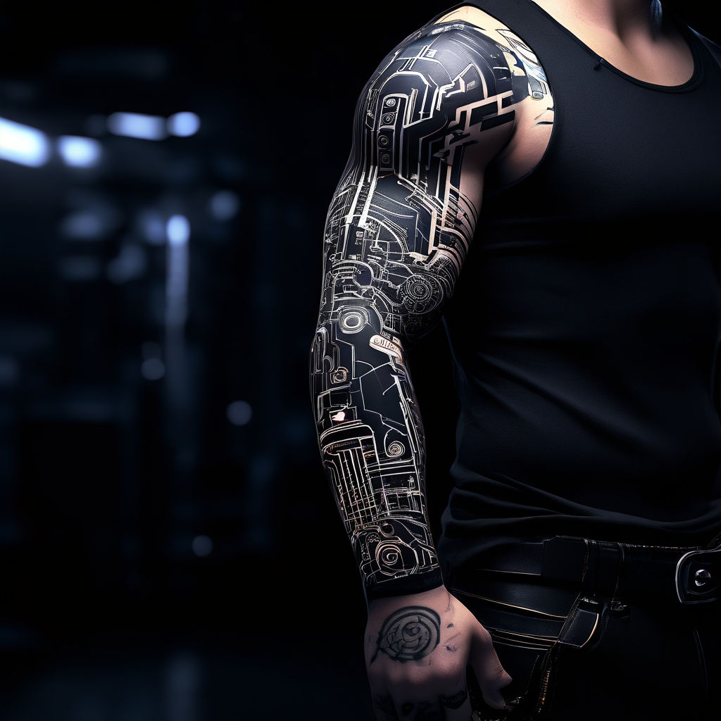 Generate a picture of a whole arm tattoo in cyberpunk design... by Илья ...