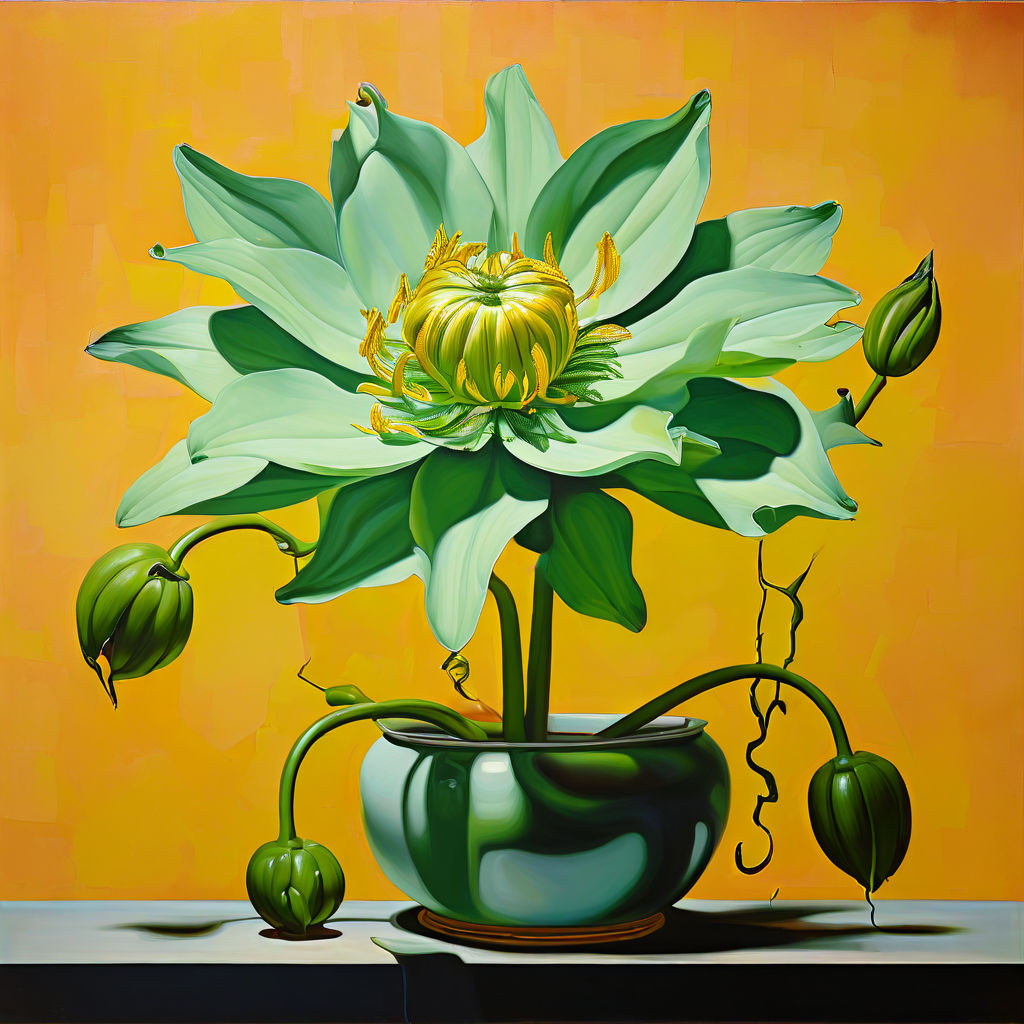 Dali style paintig of pot with a giant flower with 9 green p... by Luis ...