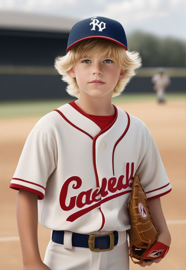 Blond-haired boy clad in a baseball uniform stands in full v... by wg ...