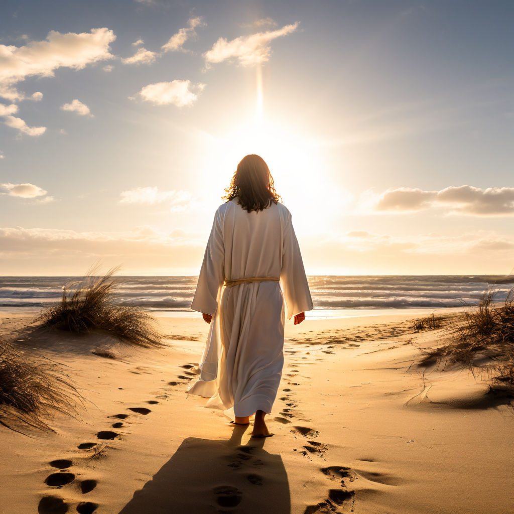 A photo of Jesus Christ walking on a deserted beach. Jesus i... by ...